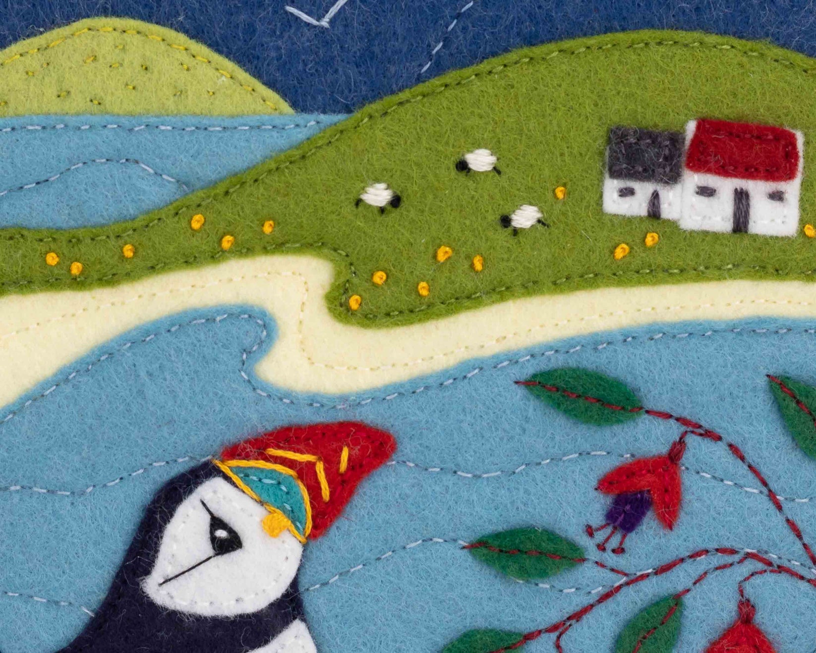 Hoop framed puffin embroidery, Puffin Cottage – Tilly & Puffin
